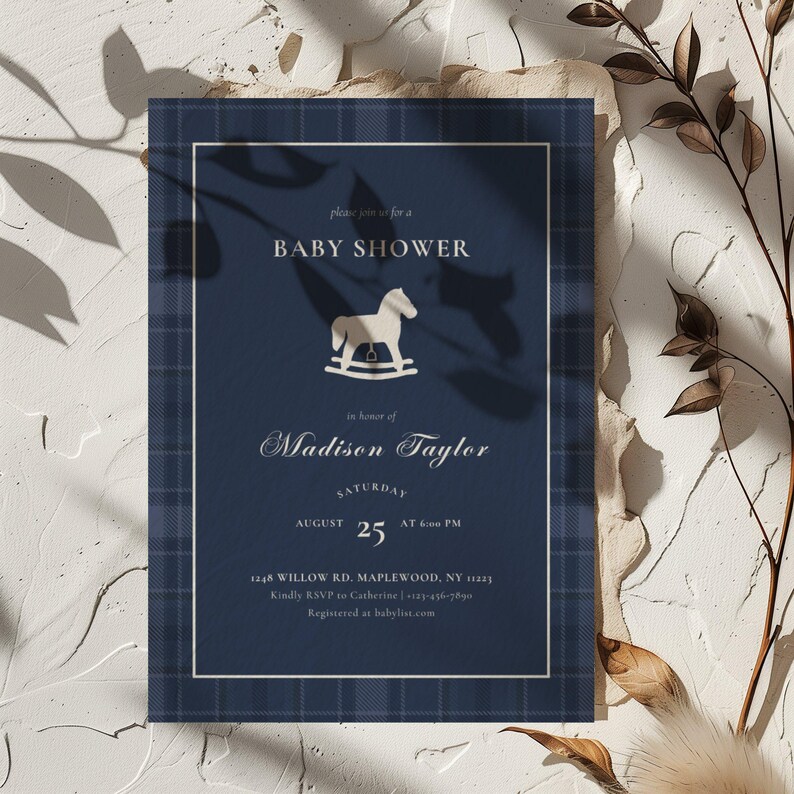 Navy Plaid Rocking Horse Baby Shower Invitation | Boy Shower ...
