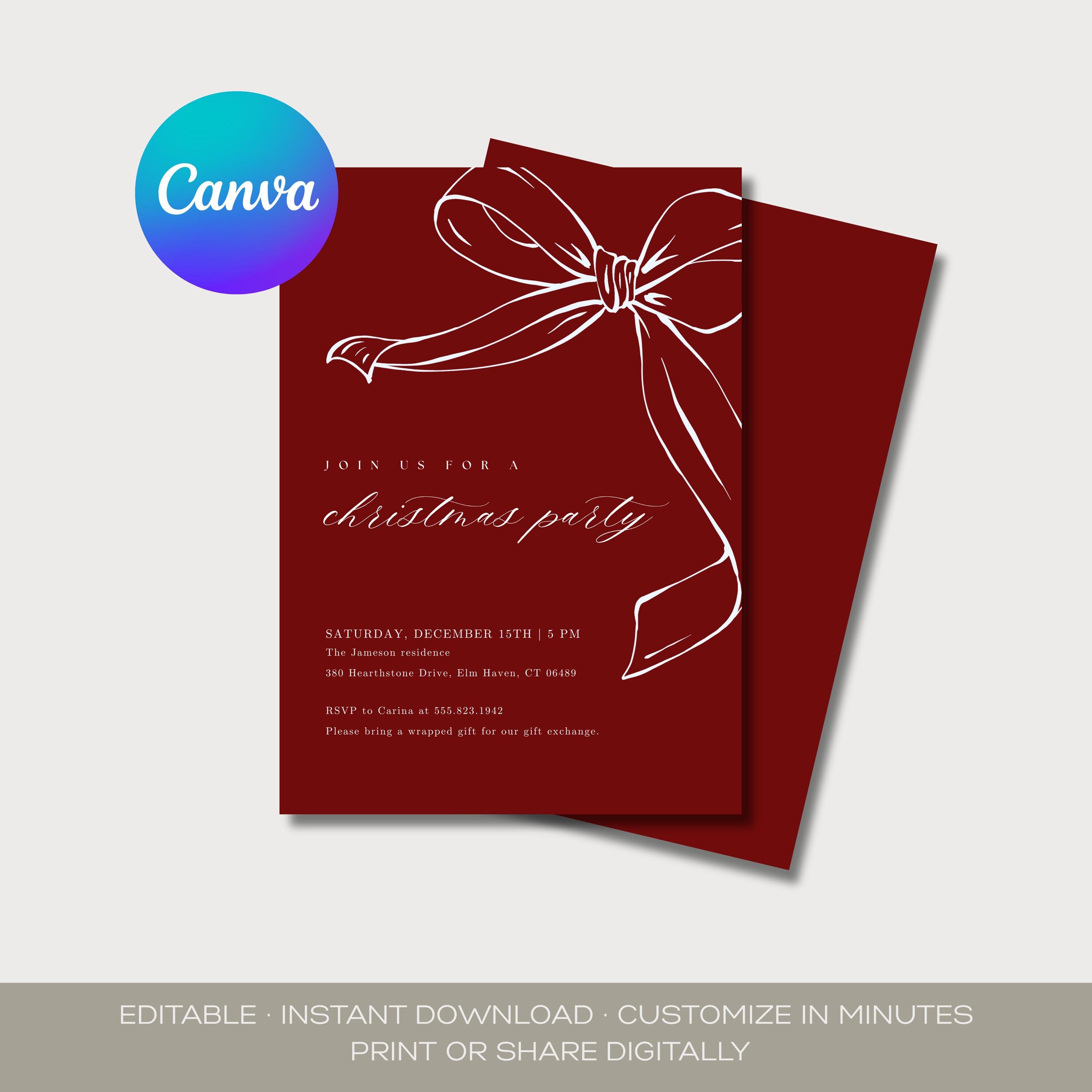 Bow Christmas Party Invitation | Editable Holiday Invite Template | Red ...