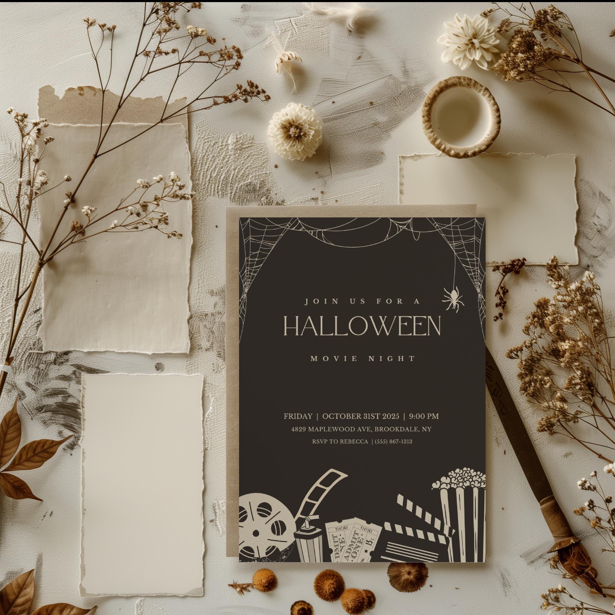 Vintage Spooky Halloween Movie Night Invitation | Modern Printable ...