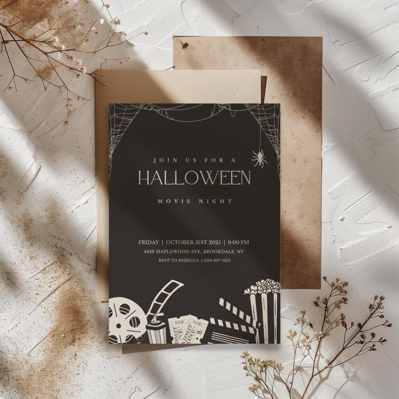 Vintage Spooky Halloween Movie Night Invitation | Modern Printable ...