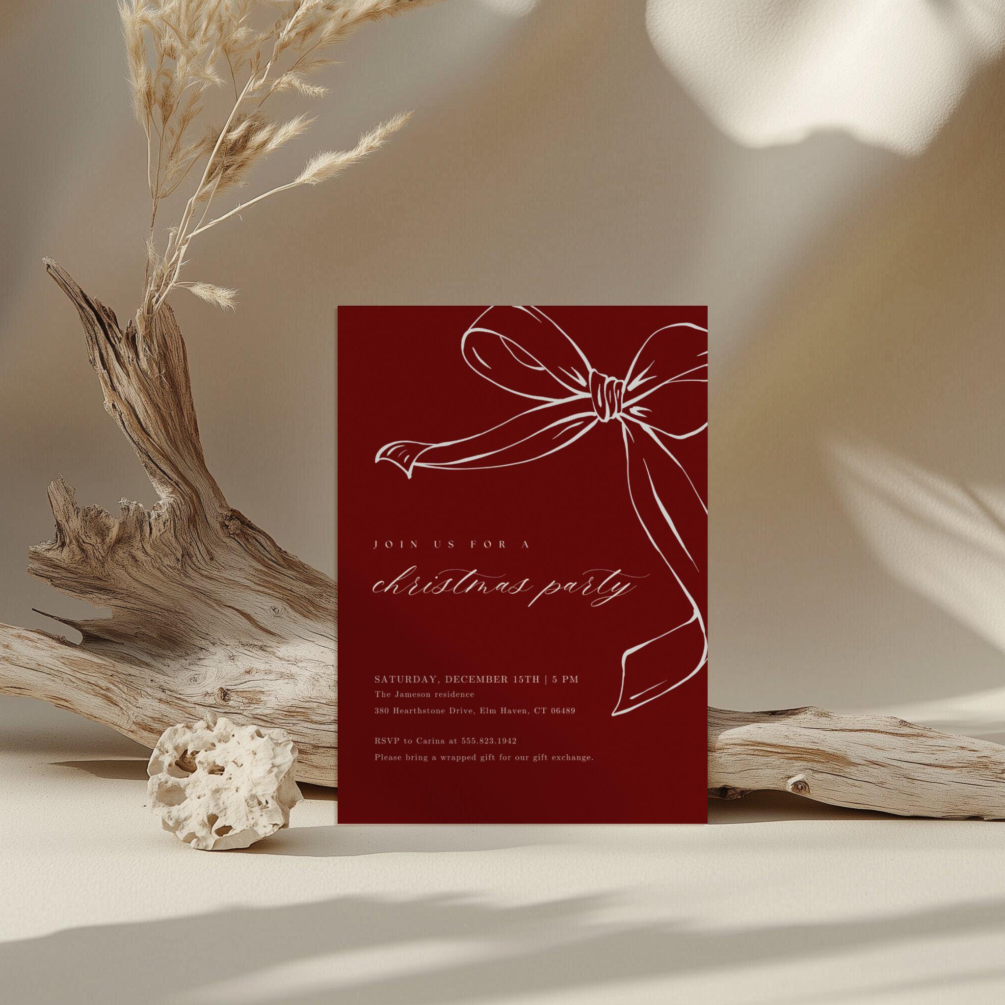 Bow Christmas Party Invitation | Editable Holiday Invite Template | Red ...