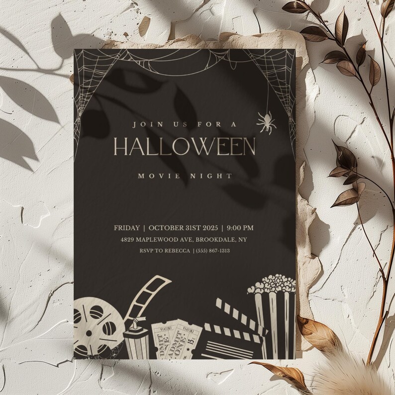 Vintage Spooky Halloween Movie Night Invitation | Modern Printable ...