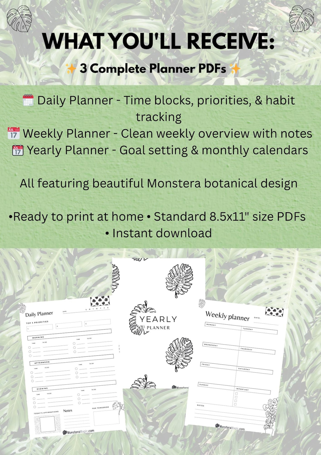 Monstera Botanical Planner Set | Daily, Weekly, Yearly (digital ...