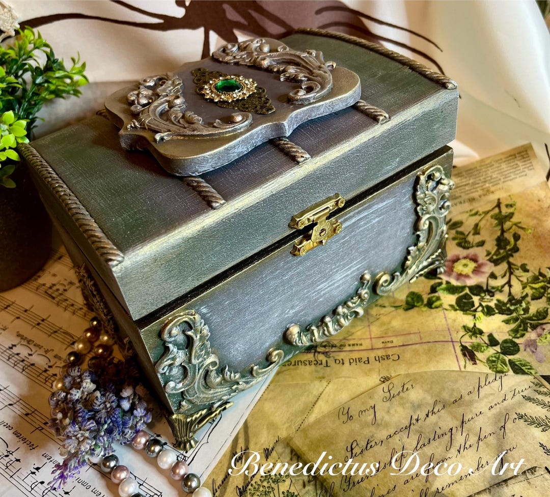 Handmade Wooden Jewelry Box – Baroque Green Gem Brooch, Silver & Gold ...
