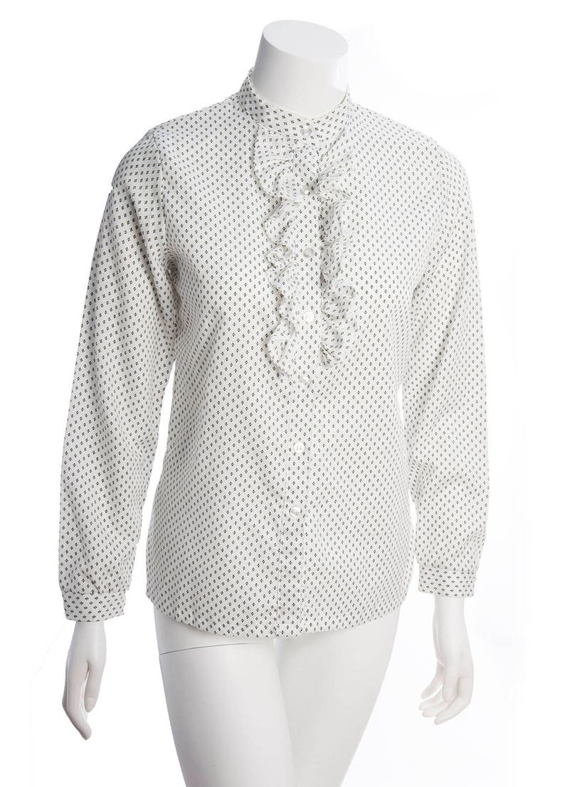 Vintage Ruffle Front Blouse -- Patterned Button-down Shirt ...