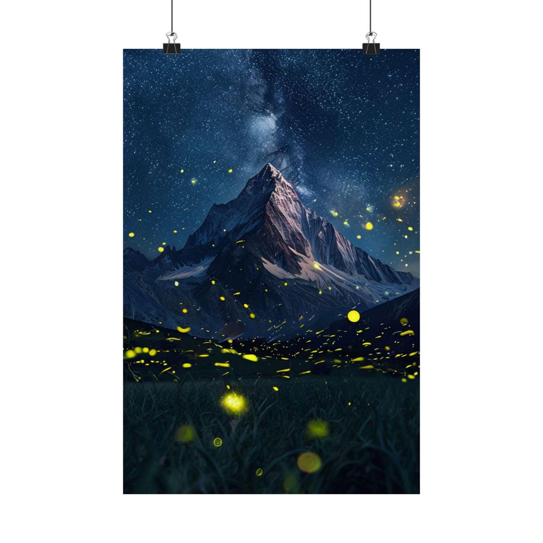 Vertical Poster, Starry Sky Mountain Fireflies Wall Art, Celestial Home ...