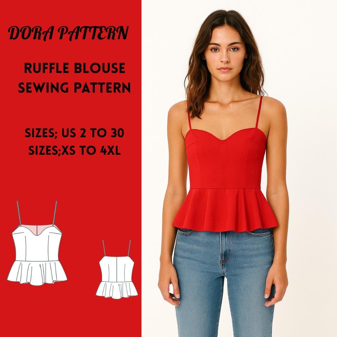 Ruffle Blouse Sewing Pattern, Sleeveless, Women's Top (XS-4XL) (PDF ...