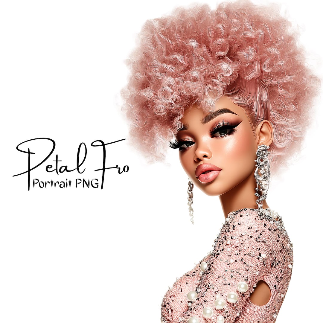 Petal Fro Portrait PNG | Pink‑hair Digital Sticker | Transparent PNG ...