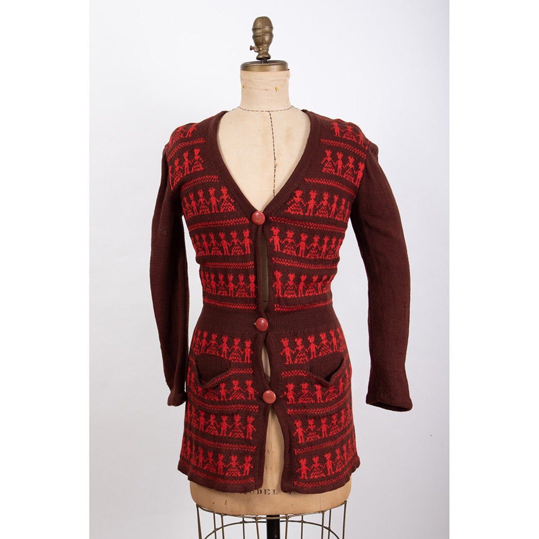 Vintage 1930s Jacquard Wool Knit Cardigan / Art Deco Buttons / Intarsia ...