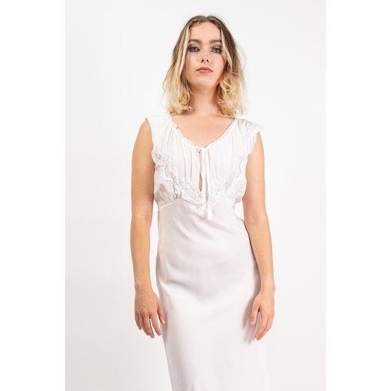 1940s White Rayon Bias Cut Embroidered Slip Dress V… Gem