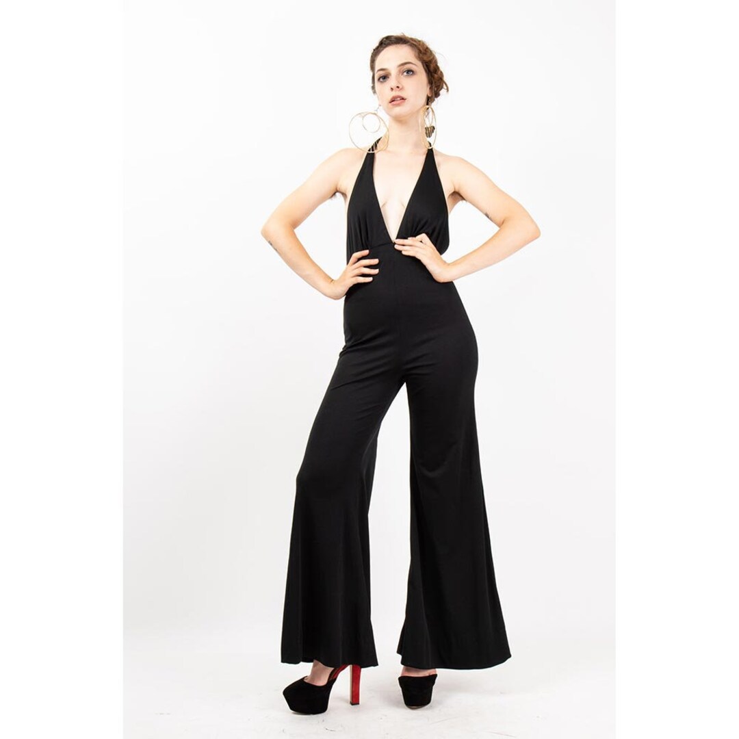 Vintage Bell Bottom Jumpsuit / 1970s Plunging Neckline Halter Top S - Etsy