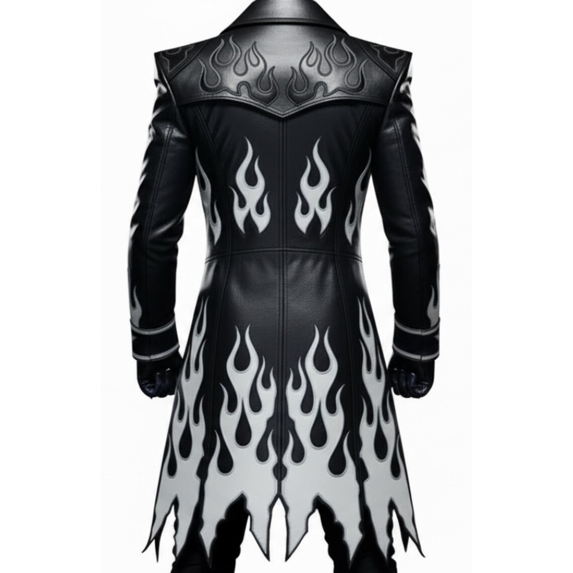 Black Leather Trench Coat With White Flames | Fire Biker Duster Jacket ...