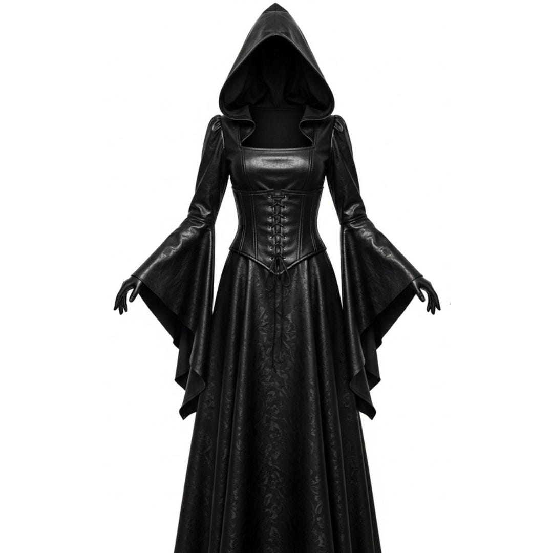 Black Hooded Genuine Leather Dress, Gothic Long Dress With Corset ...