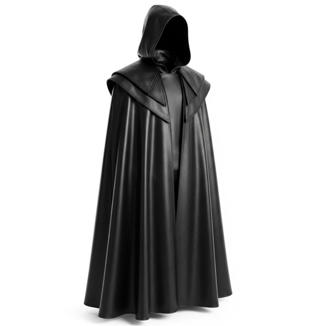 Unisex Black Leather Hooded Cloak | Gothic Cape | Medieval Cosplay Robe ...
