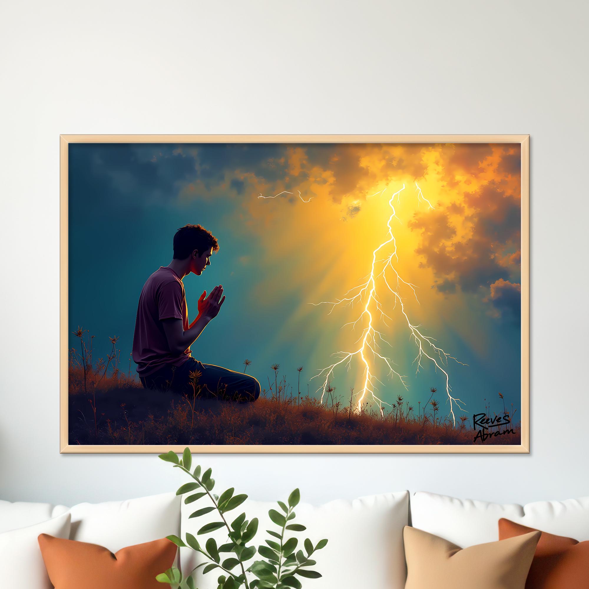 Man Praying During Lightning Storm | Christian Wall Art | Faith Decor ...