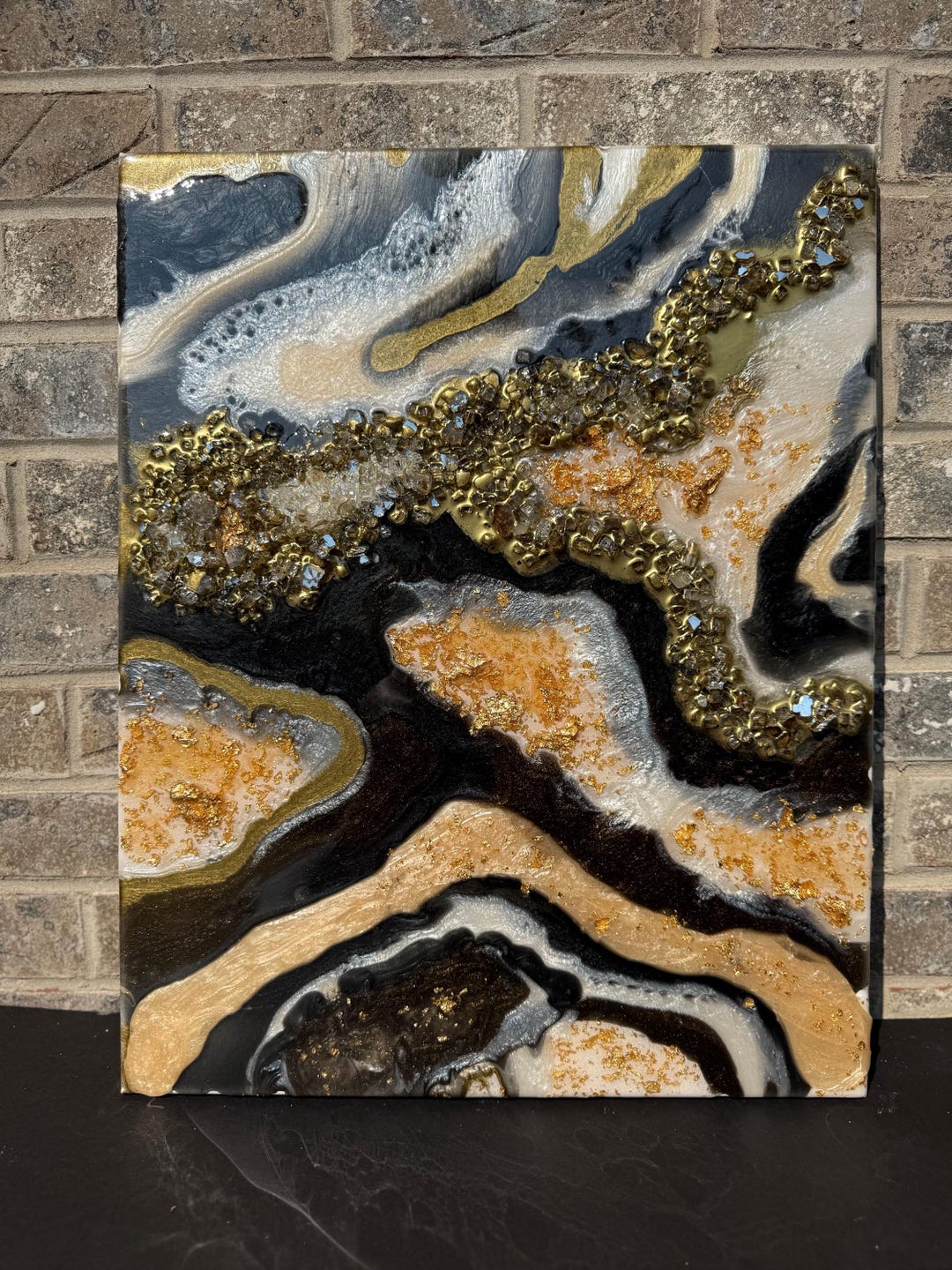 Resin Poured Wall Art in Rich Black, Cream & Gold Tones With Accents of ...