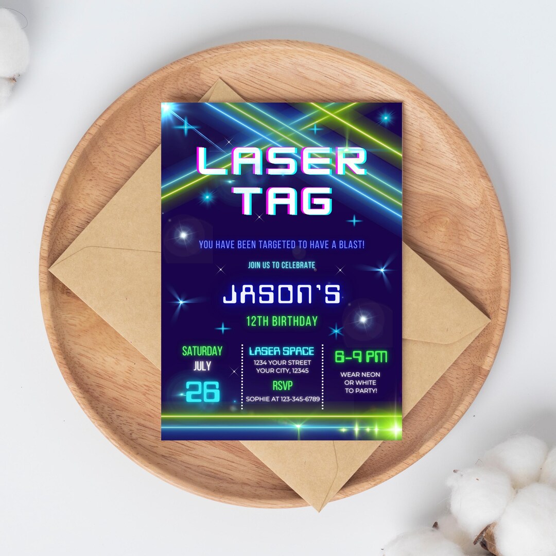 12th Birthday Invitation - Laser Tag Neon Glow Party Invite, Futuristic ...