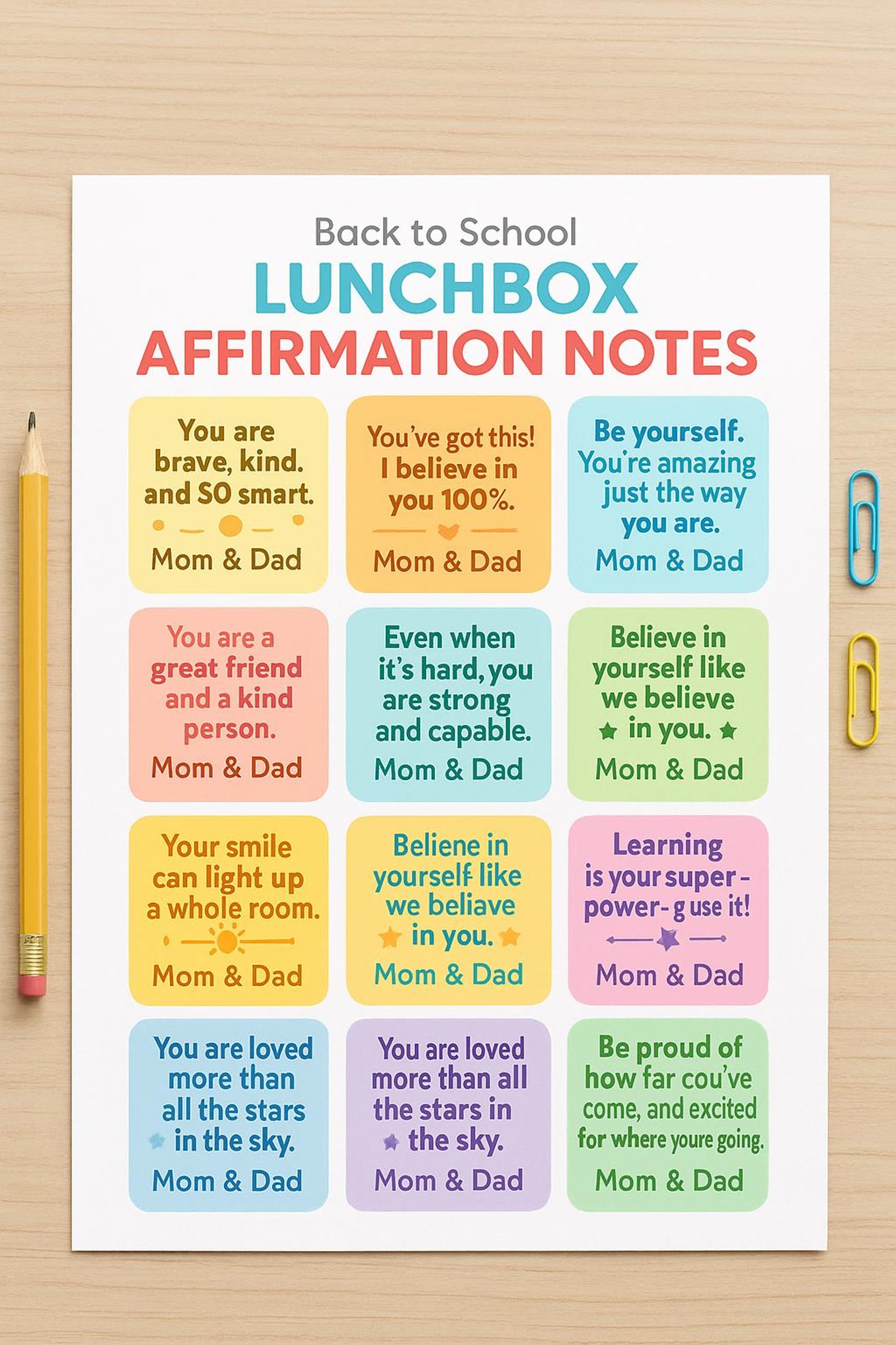 Back to School Lunchbox Notes for Kids – Positive Affirmation Cards ...