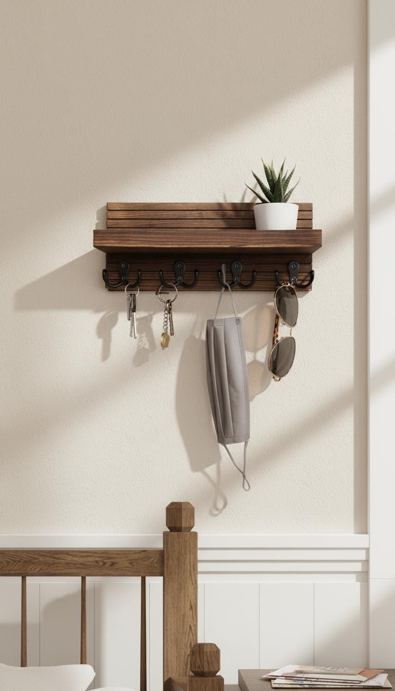 Handcrafted Wood Key Shelf With Hooks – Available in Beige, Black, and ...