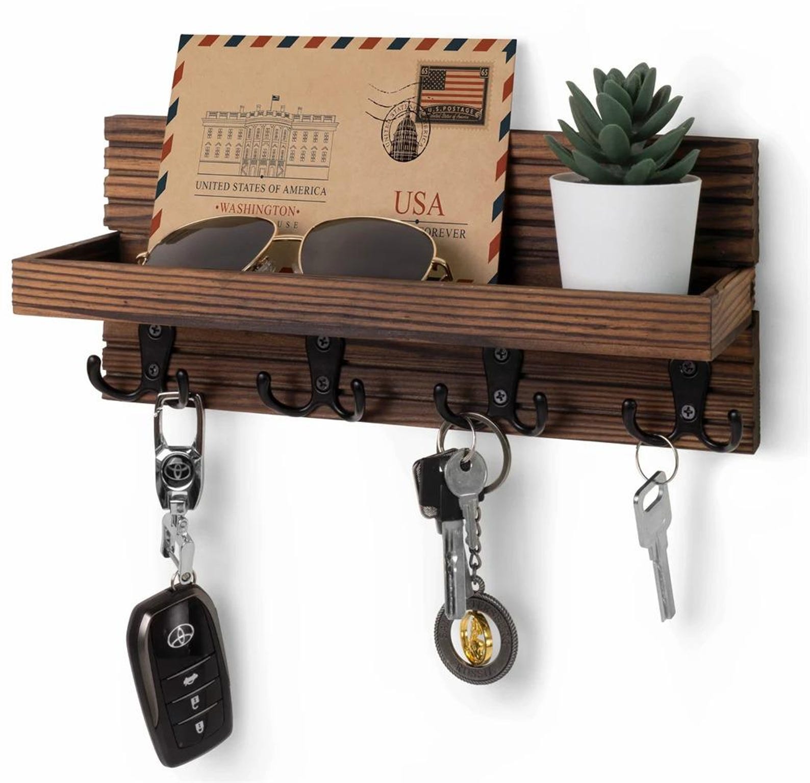 Handcrafted Wood Key Shelf With Hooks – Available in Beige, Black, and ...