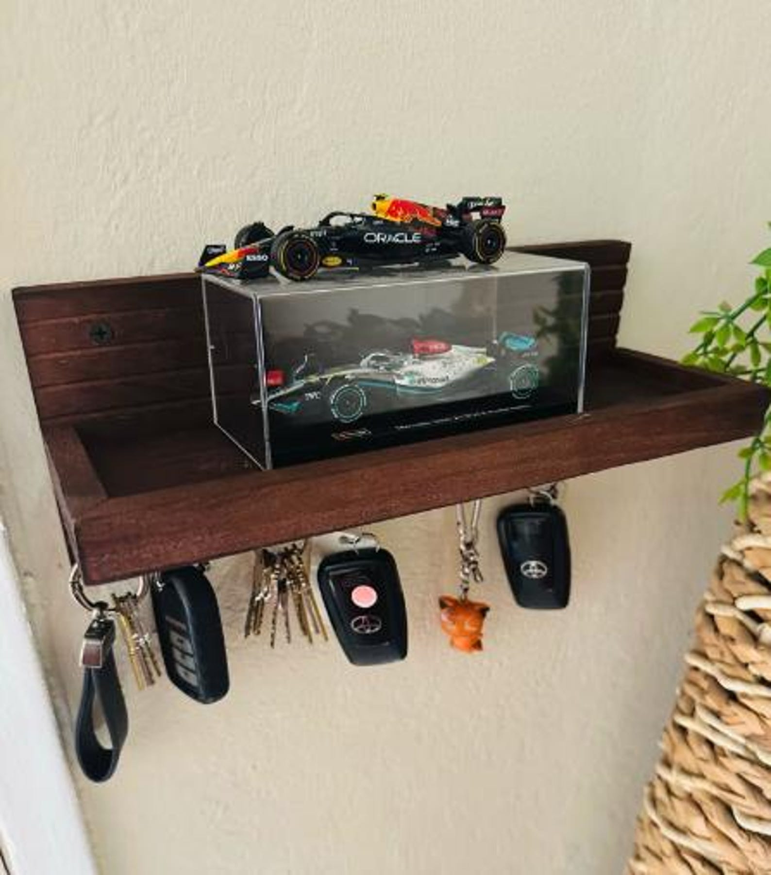 Handcrafted Wood Key Shelf With Hooks – Available in Beige, Black, and ...