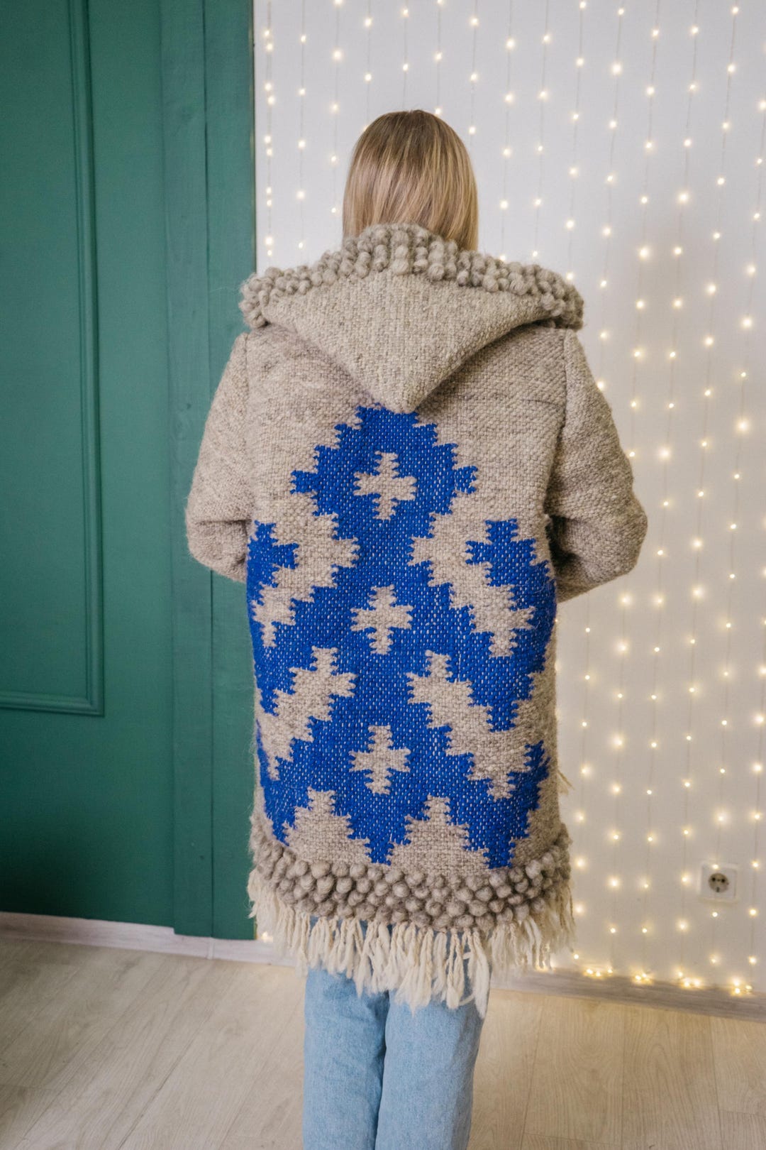 Handwoven Wool Hooded Coat: Gray With Blue Slavic Berehynia Ornament ...