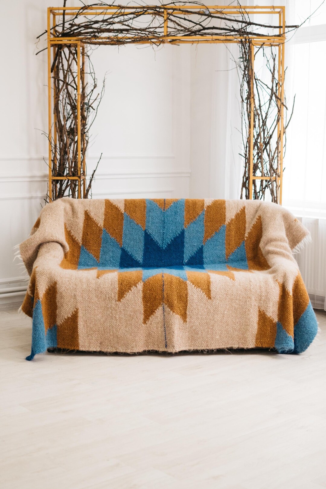 Handwoven Wool Blanket With Geometric Pattern, Brushed Natural Wool ...