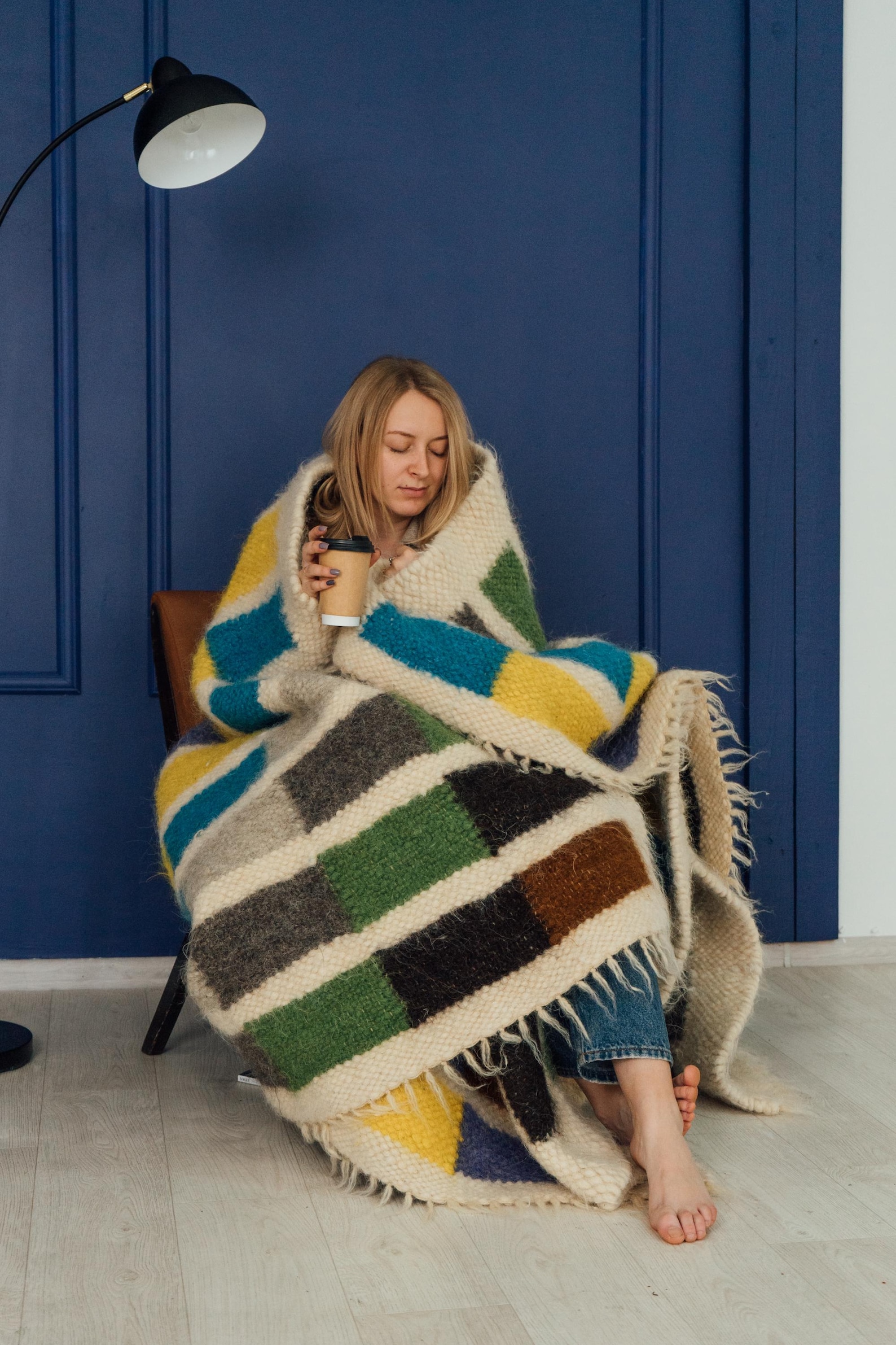 Colorful Handwoven Wool Blanket | Geometric Pattern Throw Rug ...