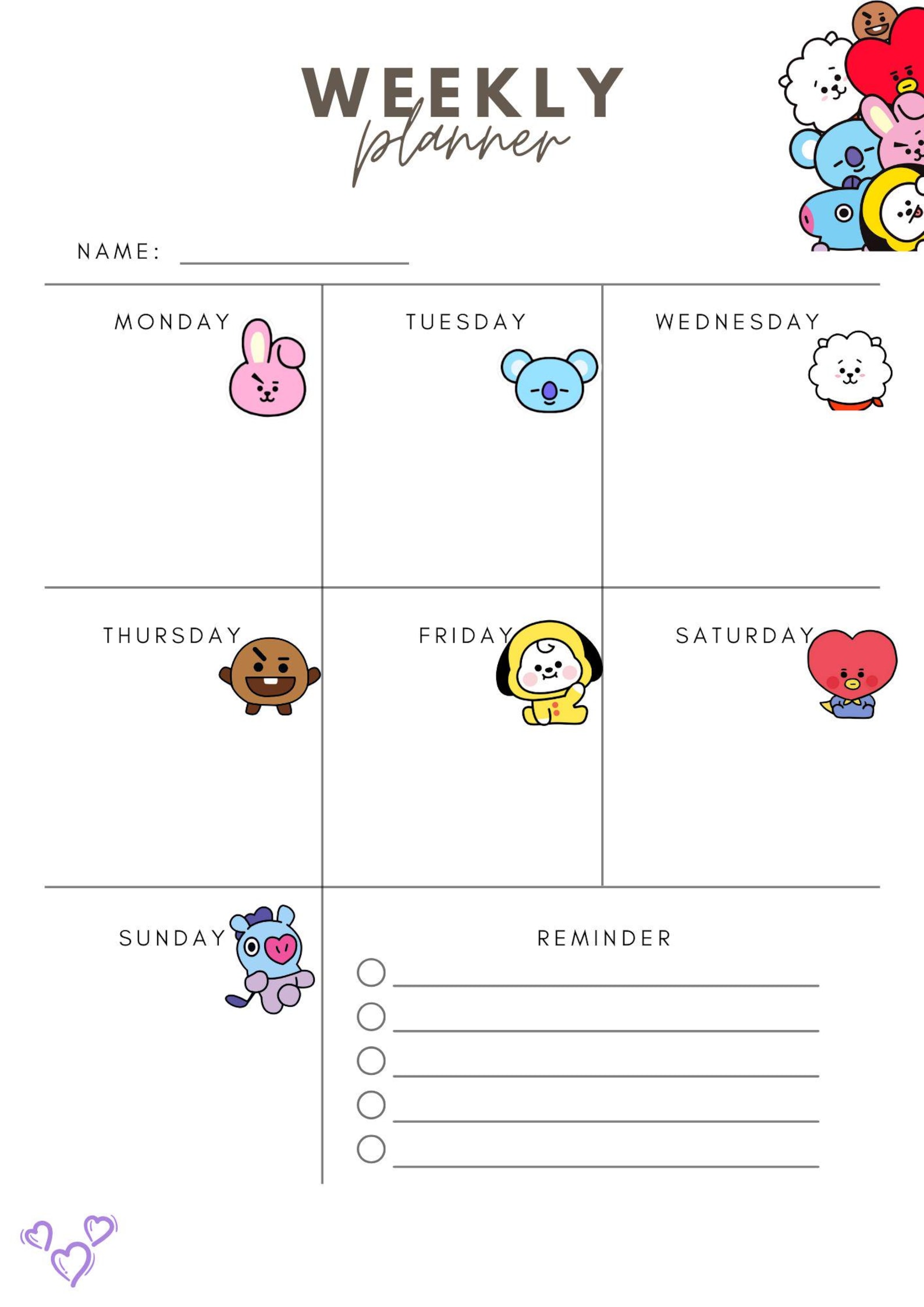BT21 Weekly Planner | Cute Kpop Printable Planner | Digital Download ...