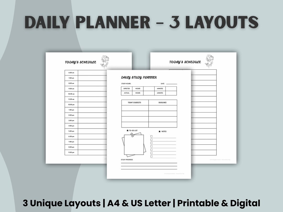Minimalist Black & White Daily Planner: 3 Layouts (printable PDF A4/US ...