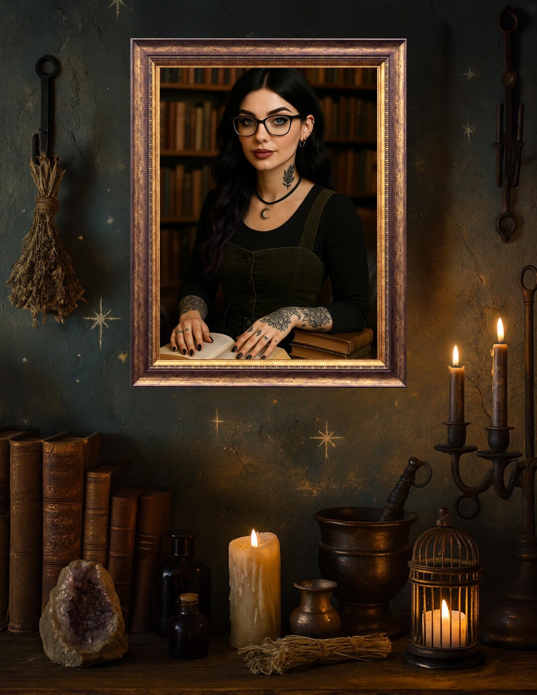 The Witch Librarian – Dark Academia Portrait Art - Etsy