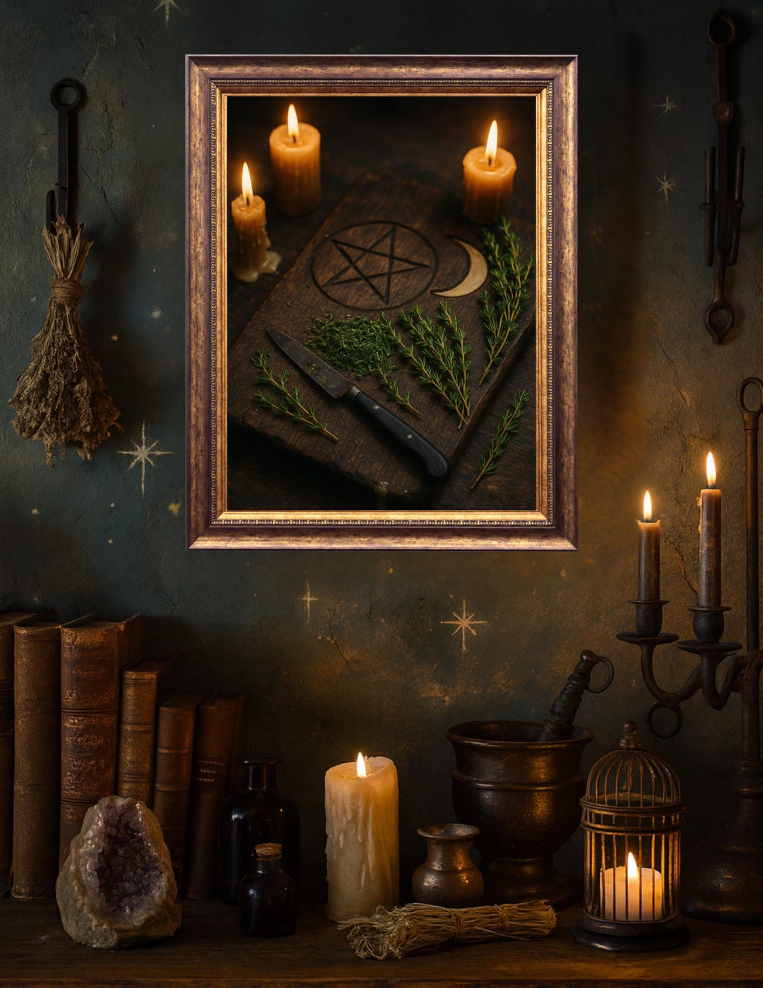 Witchy Altar Art Print, Gothic Kitchen Herbs, Pentacle Decor - Etsy