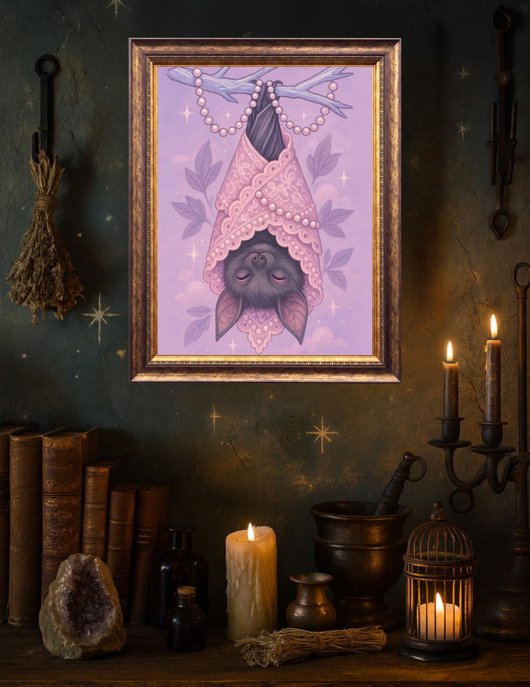 Sleeping Bat in Lace – Pastel Witchcore Illustration - Etsy