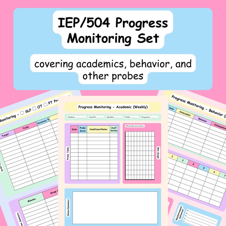 Pastel Progress Monitoring Sheets: Academic, Behavior, SLP/OT/PT Logs ...