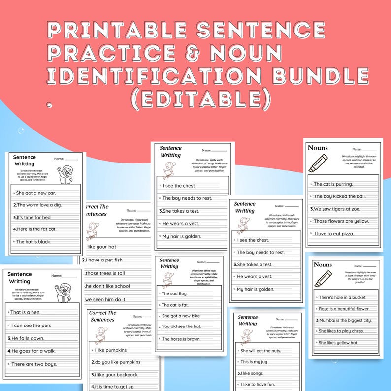 Grammar Worksheets Bundle: Noun & Sentence Writing Practice (PDF ...