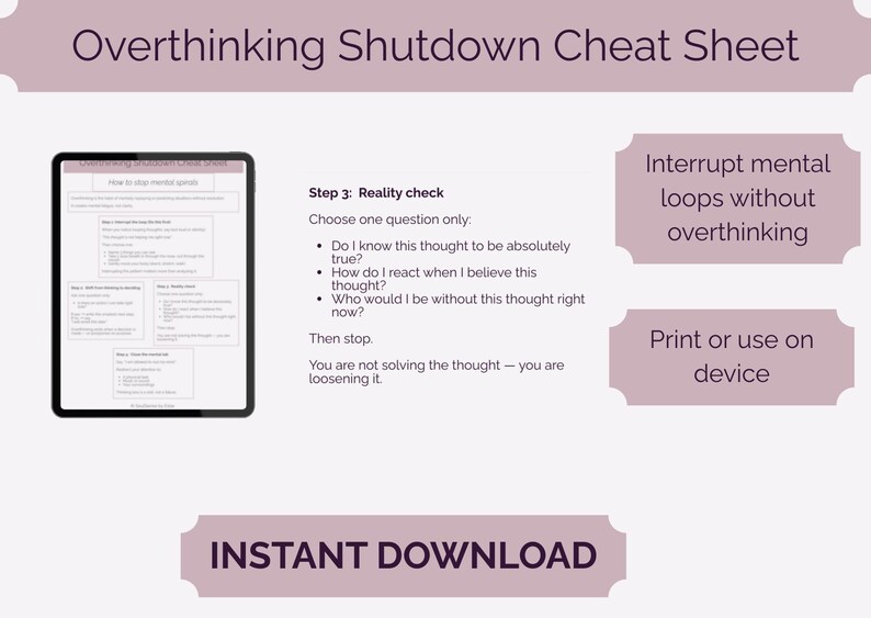 Overthinking Shutdown Cheat Sheet | Stop Mental Spirals | Printable ...