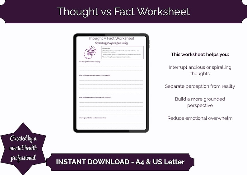Thought Vs Fact Worksheet | Stop Anxiety Spirals | Printable CBT Tool ...
