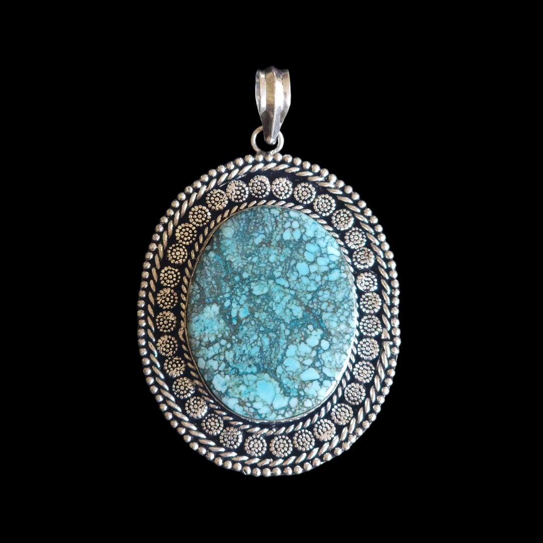 Vintage Turquoise Matrix Statement Pendant | German Silver Oval ...