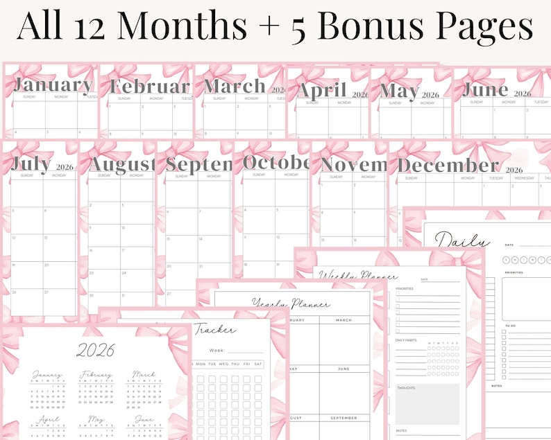 2026 Pink Coquette Bow Calendar Planner Printable Month Landscape ...