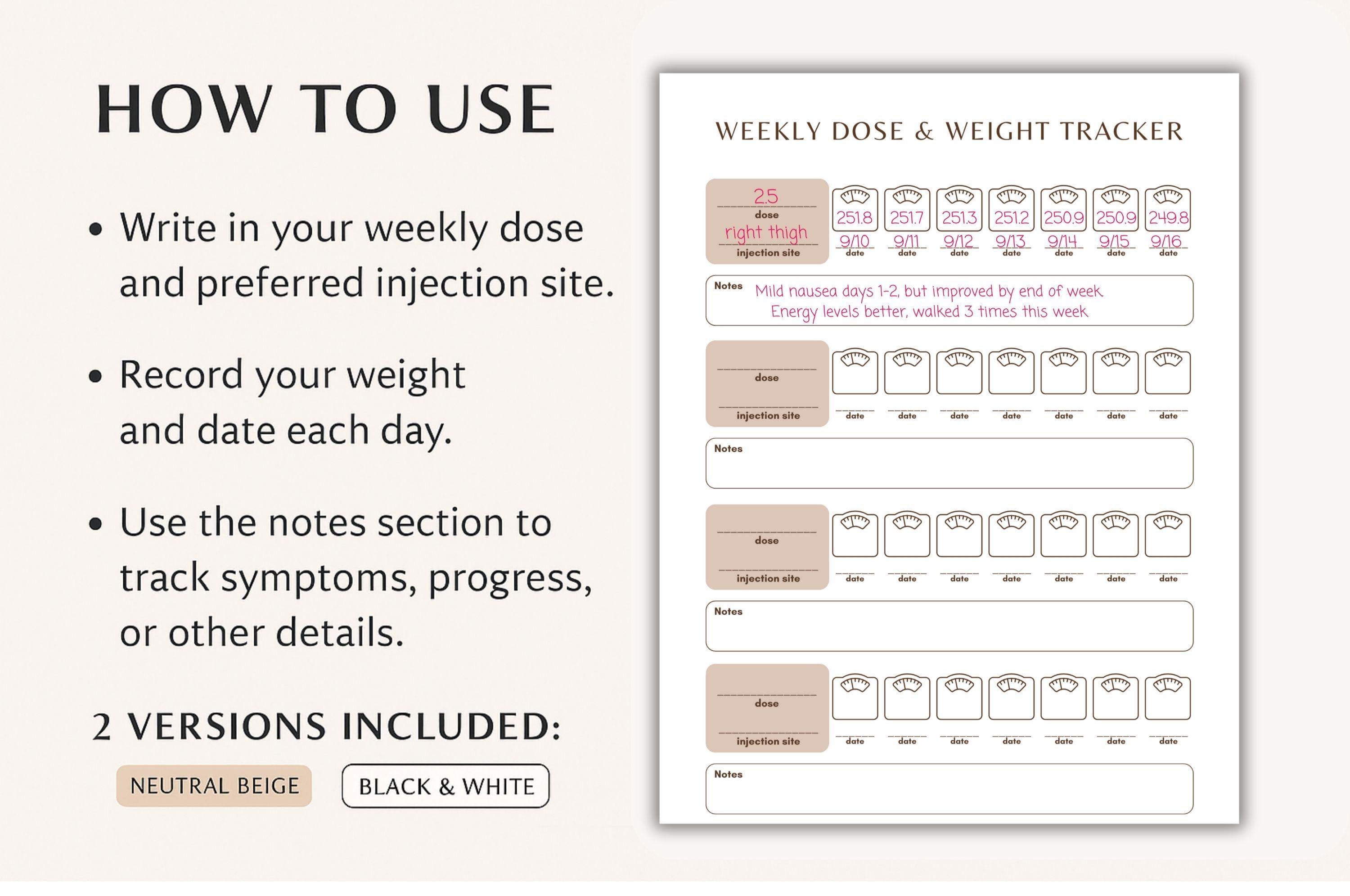 Weekly Weight Loss Tracker Progress Journal for GLP-1 Injections ...