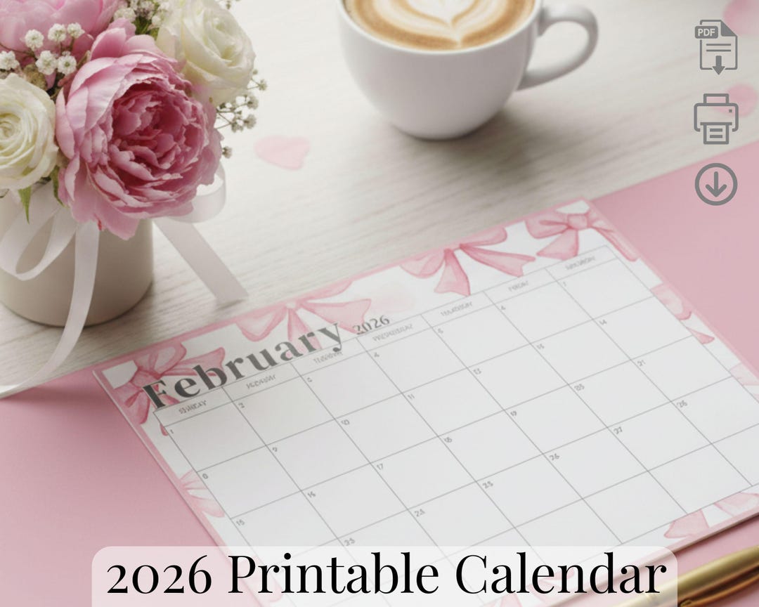 2026 Pink Coquette Bow Calendar Planner Printable Month Landscape ...