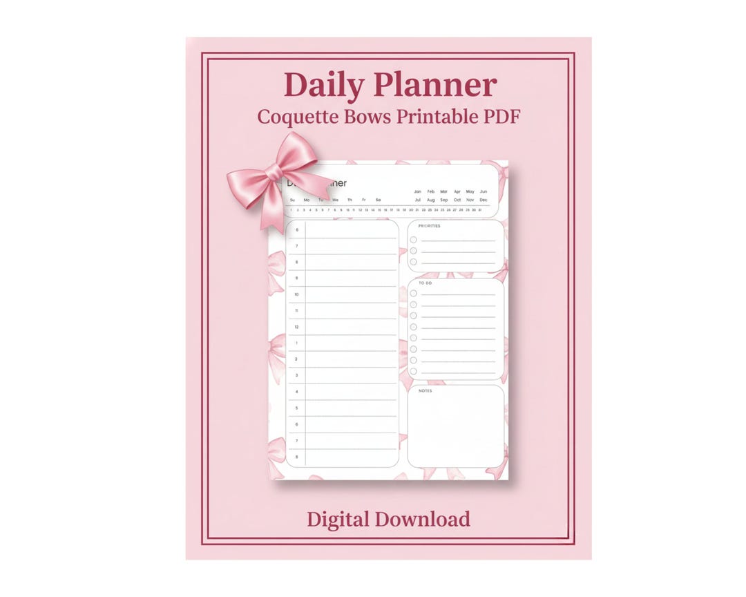 Pink Bow Workday Schedule Printable Daily Planner PDF Workday Checklist ...