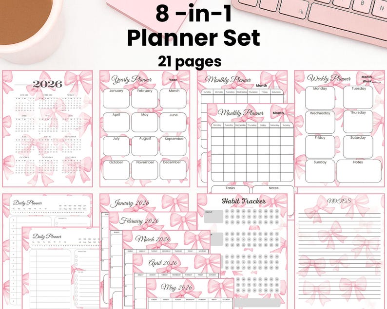 Pink Coquette Bow Planner Printable Bundle | Daily, Weekly, Monthly ...