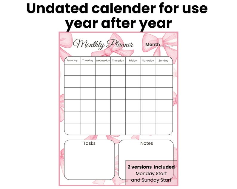 Pink Coquette Bow Planner Printable Bundle | Daily, Weekly, Monthly ...