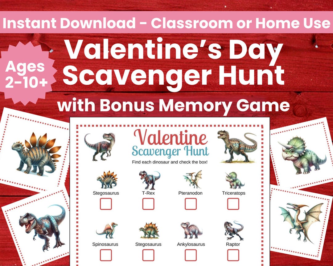 Dinosaur Valentine Scavenger Hunt for Kids Printable Preschool Activity ...