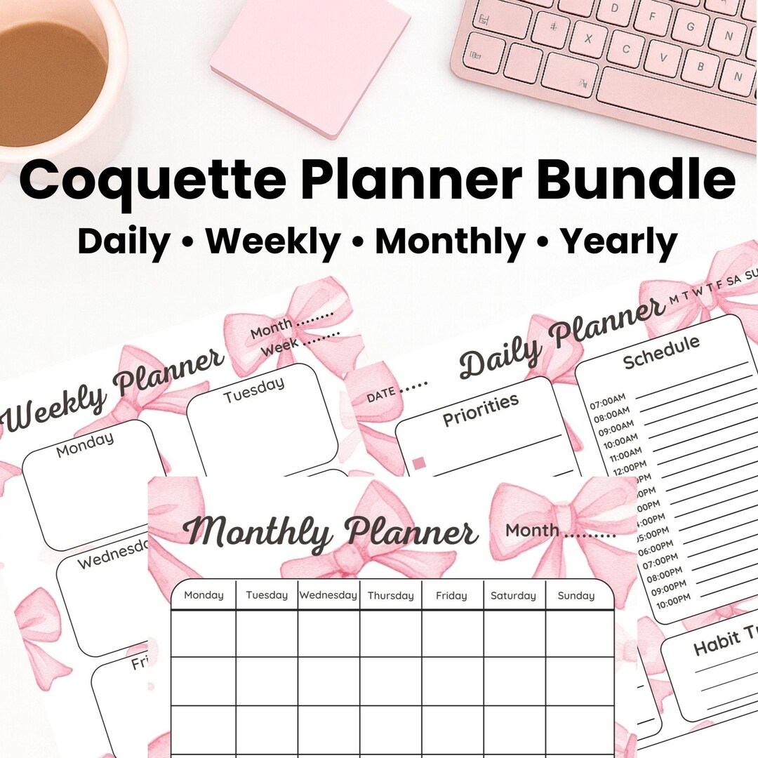 Pink Coquette Bow Planner Printable Bundle | Daily, Weekly, Monthly ...