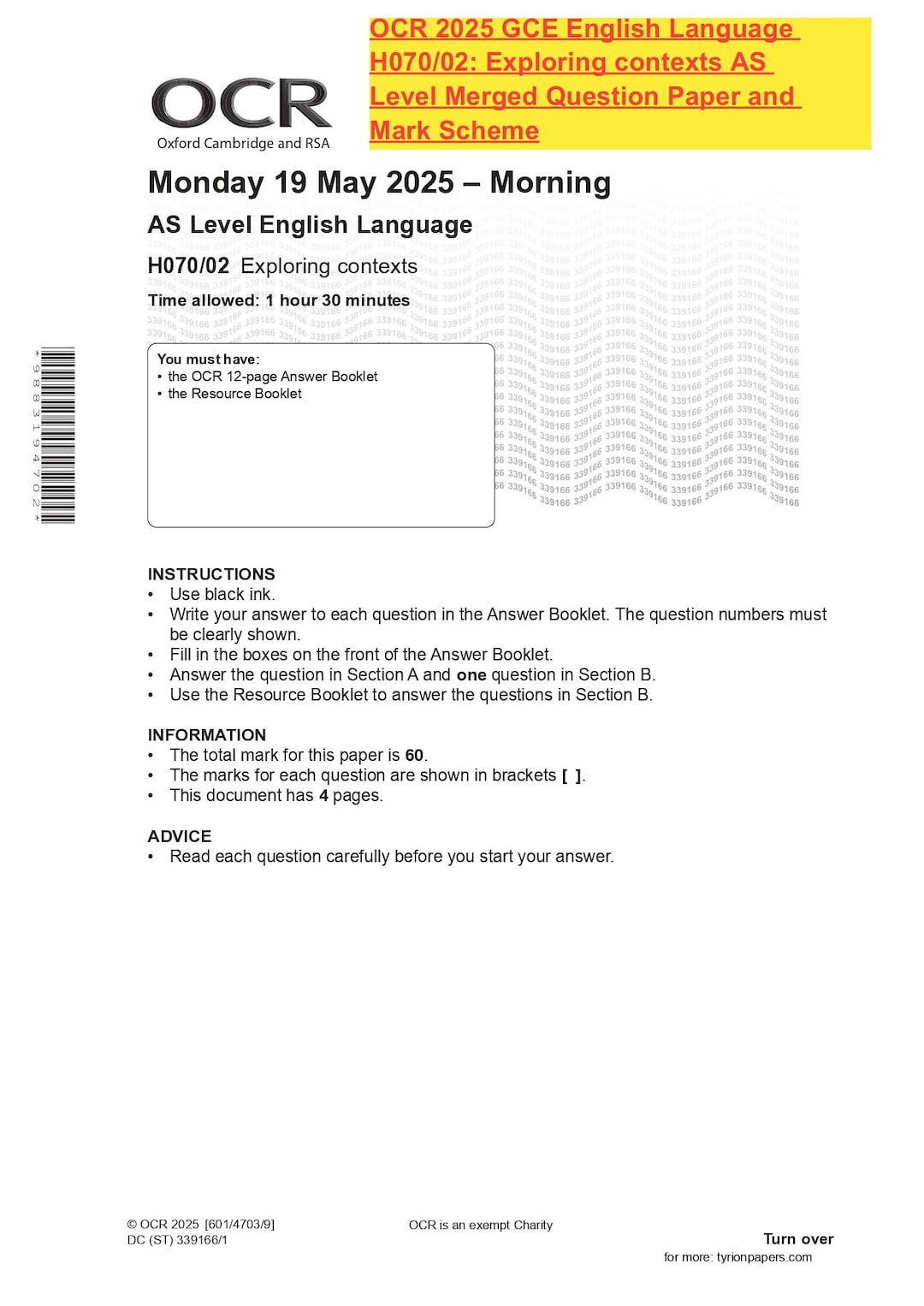 OCR English Language AS Level Exam Paper & Mark Scheme: 2025 - Etsy UK