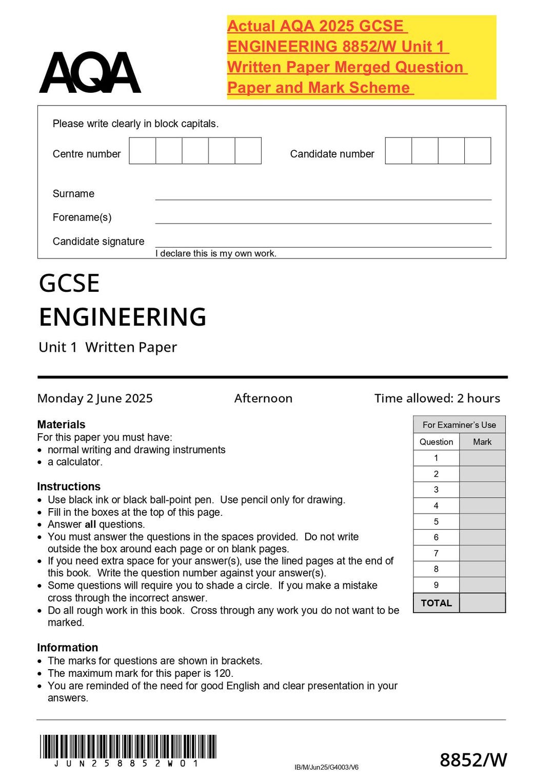 Actual AQA 2025 GCSE ENGINEERING 8852/W Unit 1 Written Paper Merged ...