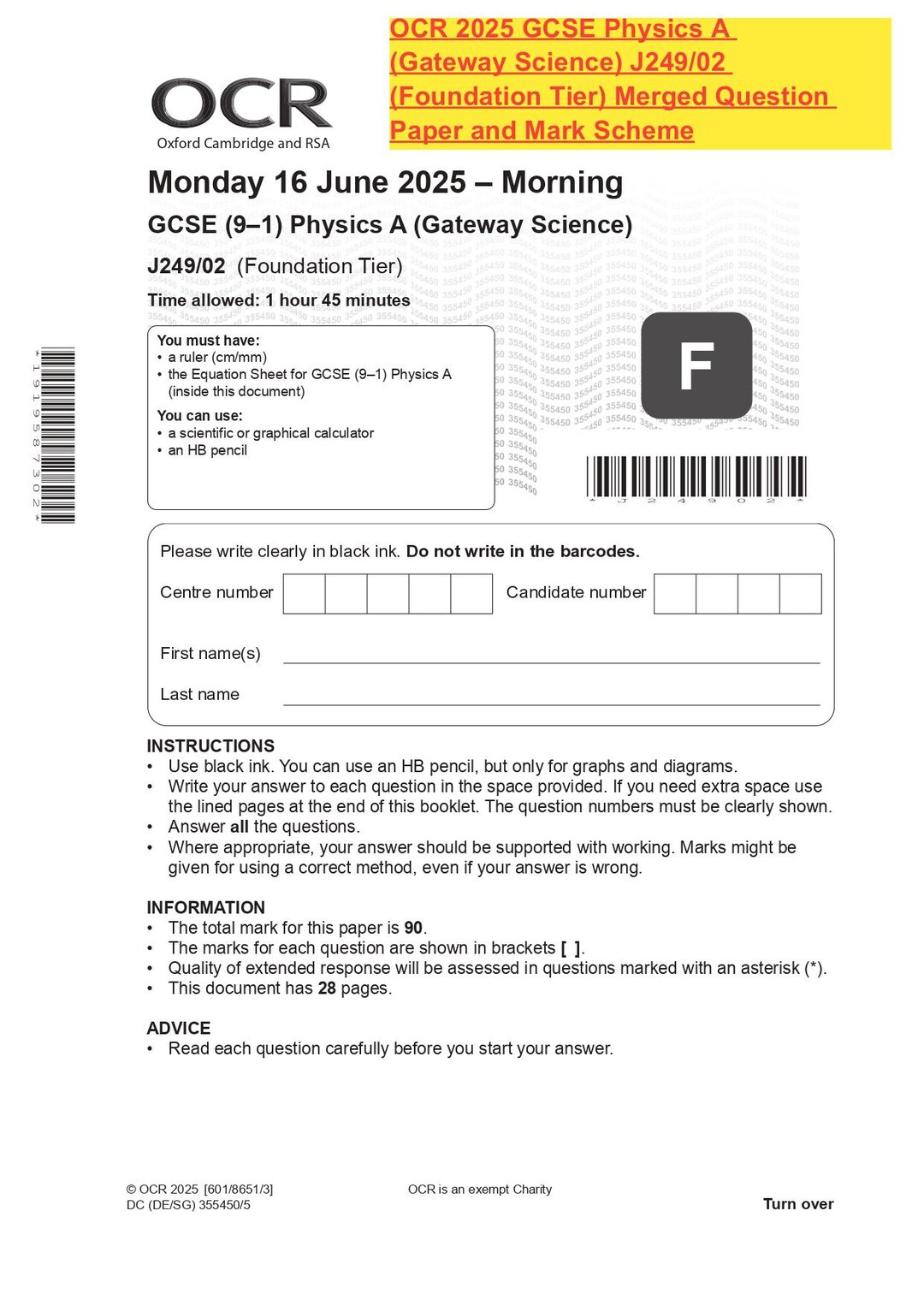 OCR 2025 GCSE Physics A (gateway Science) J249/02 (foundation Tier ...