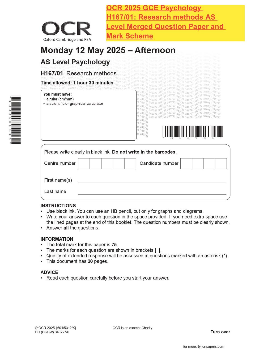 Psychology AS Level Research Methods: Question Paper & Mark Scheme - Etsy